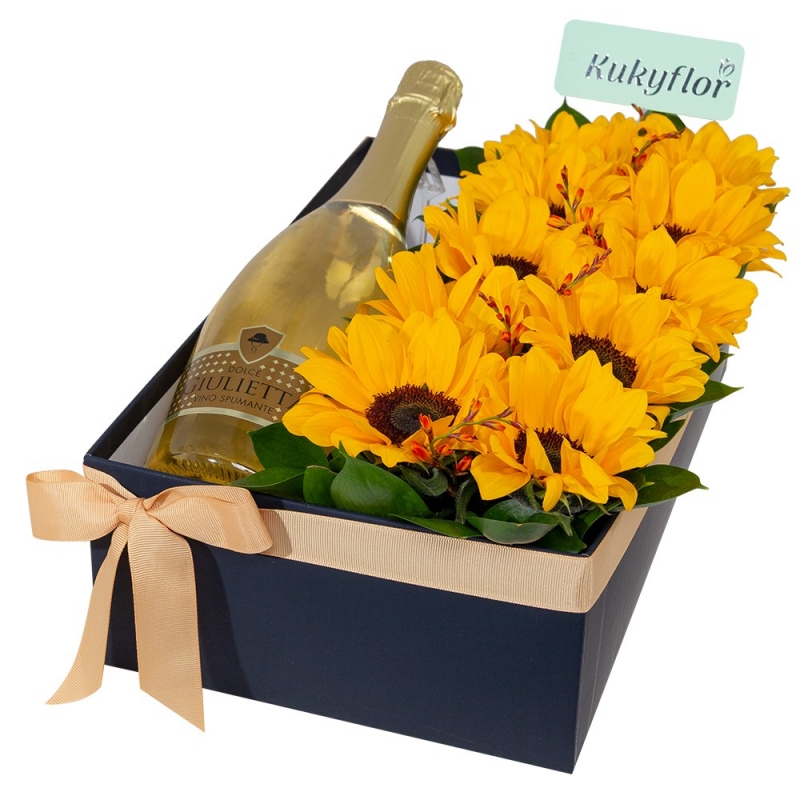 Gift box with sunflowers and Riccadonna Asti